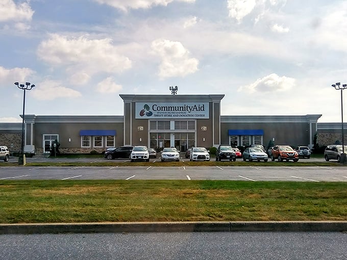 The welcoming facade of CommunityAid stands like a beacon of bargain possibilities under the Pennsylvania sky, promising treasures within.