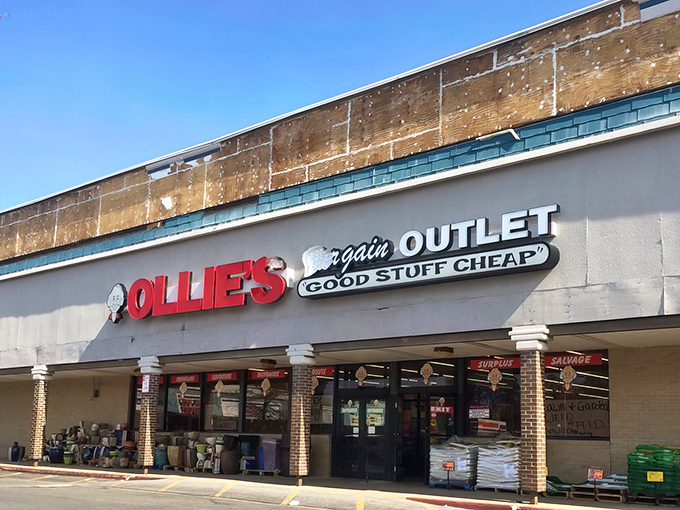 The iconic red and white Ollie's sign beckons bargain hunters like a retail lighthouse guiding ships to shore. Good stuff cheap, indeed!