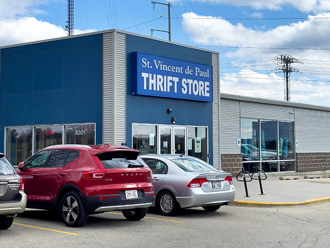 The blue beacon of bargain hunting stands proud in Madison, beckoning treasure seekers with its clean lines and promise of discoveries within.