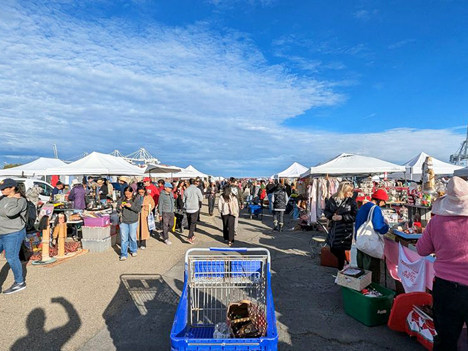 A treasure hunter's paradise unfolds beneath white tents, with San Francisco's iconic skyline providing the perfect backdrop for this monthly antiquing extravaganza.