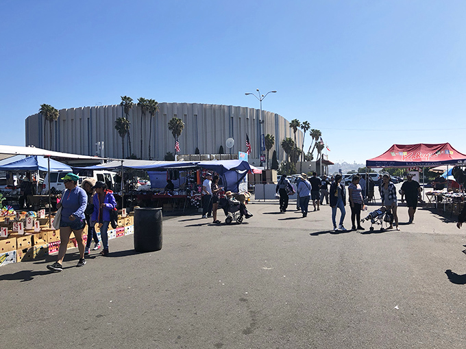 The iconic San Diego Sports Arena provides a dramatic backdrop for treasure hunters navigating the colorful maze of vendor stalls at Kobey's Swap Meet.