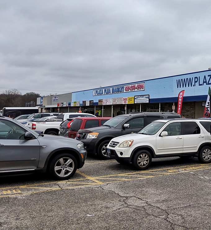 The iconic blue facade of North Point Plaza Flea Market beckons bargain hunters like a retail siren song. Weekend treasure hunting starts here!