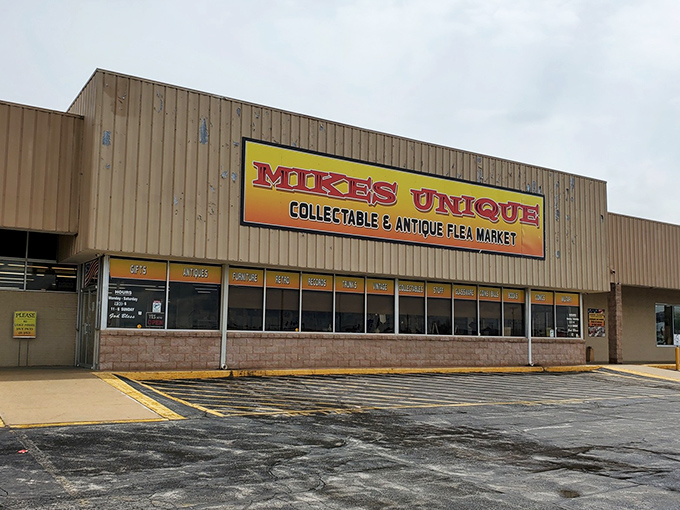 The unassuming exterior of Mike's Unique belies the wonderland of treasures within. Like a time-travel portal disguised as a warehouse in Springfield.