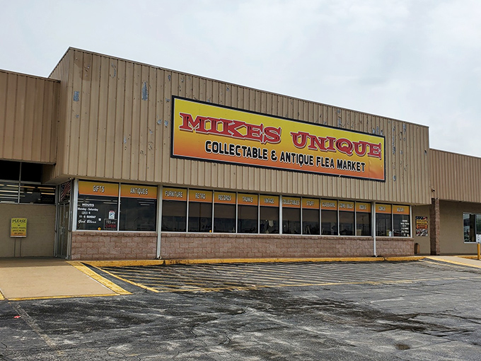 The unassuming exterior of Mike's Unique belies the wonderland of treasures within. Like a time-travel portal disguised as a warehouse in Springfield.