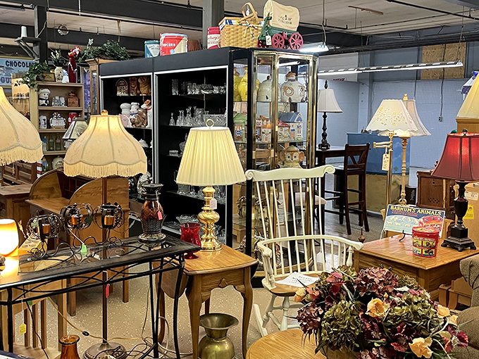 A lamp lover's paradise awaits! Vintage shades cast a warm glow over carefully arranged furniture pieces, each with stories to tell.