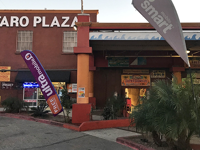 The unassuming exterior of El Faro Plaza might fool you, but those colorful feather flags are practically waving "treasure inside!" like retail semaphore.