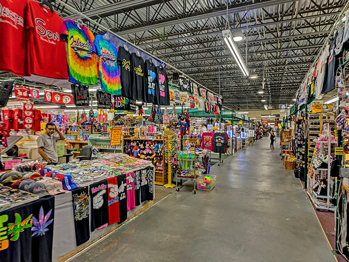 The patriotic blue exterior of Visitors Flea Market stands out like Uncle Sam at a beach party, promising international treasures inside its star-spangled walls.