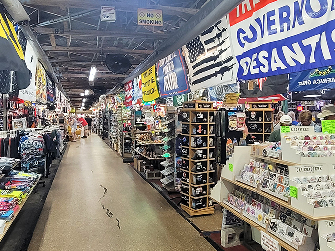 From above, the Daytona Flea & Farmers Market resembles a small city dedicated to bargain hunting, with rows of white-roofed buildings stretching across acres of shopping paradise.