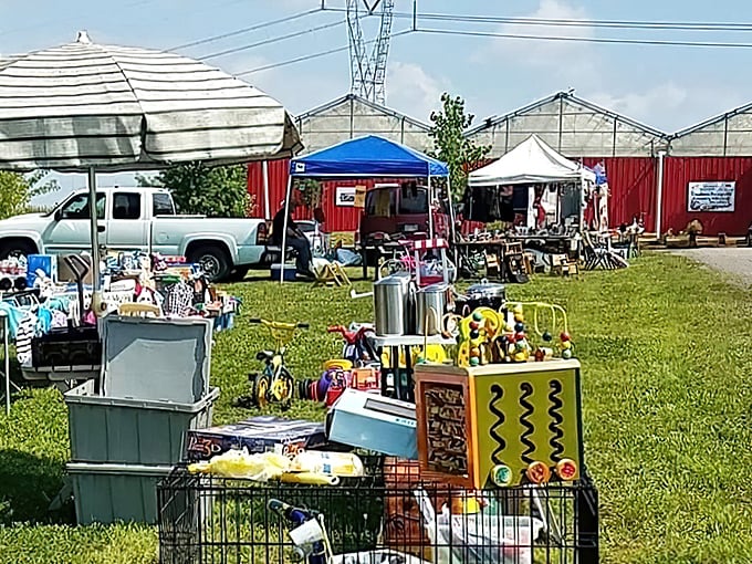 The treasure hunt begins! Finders Keepers' distinctive red buildings and outdoor vendor tents promise adventures in bargain hunting.