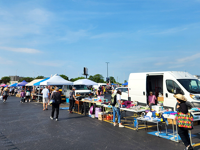 A treasure hunter's paradise unfolds under blue skies, where one person's castoffs become another's prized discoveries.