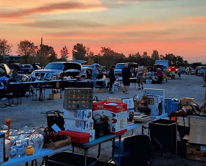 Sunset transforms the I-80 Flea Market into a magical bazaar where everyday items await their second chance at usefulness and beauty.