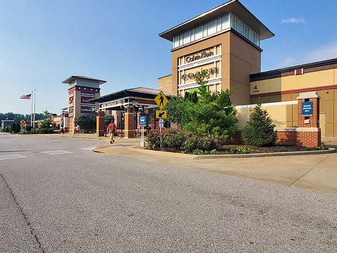 The gateway to bargain paradise! St. Louis Premium Outlets welcomes shoppers with its distinctive entrance arch, promising retail adventures beyond.