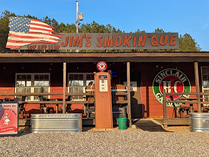 The American dream served with a side of smoke. This rustic exterior with its vintage gas pump promises barbecue authenticity before you even step inside.