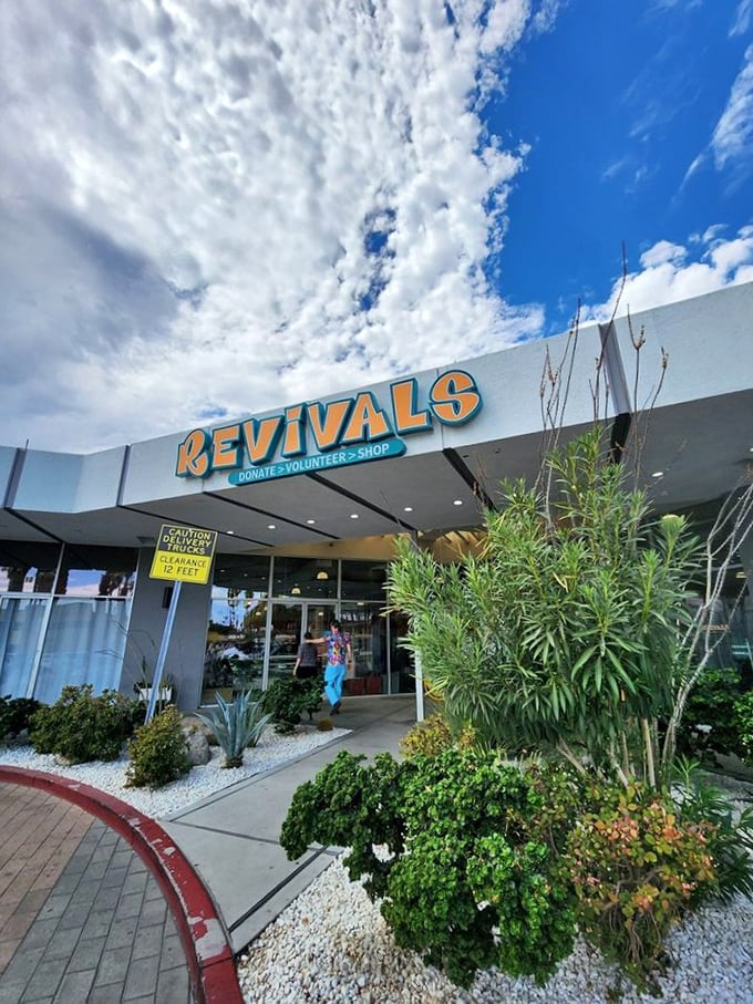 The desert sun plays spotlight to Revival's distinctive curved facade, where Palm Springs' discarded treasures await their second act.