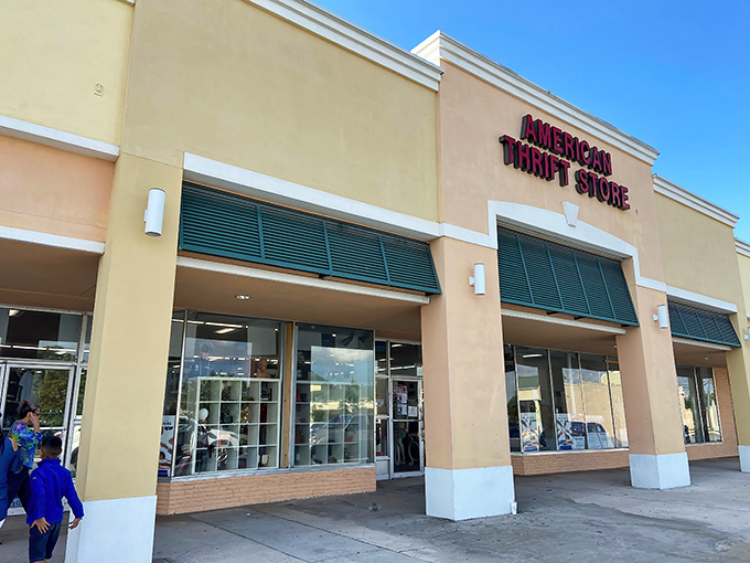 The unassuming exterior of American Thrift Store belies the treasure trove within—like finding a secret portal to bargain paradise in a strip mall.