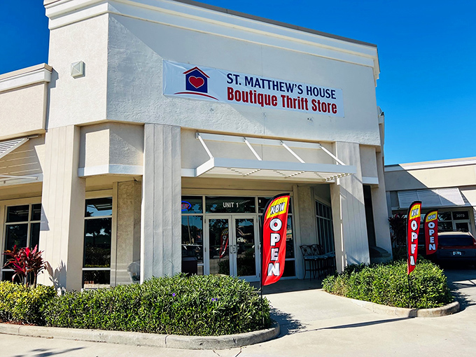 The unassuming exterior of St. Matthew's House hides a treasure trove within, like finding a secret passage to bargain paradise.