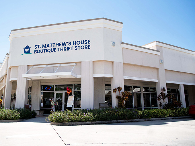 The unassuming exterior of St. Matthew's House hides a treasure trove within, like finding a secret passage to bargain paradise.