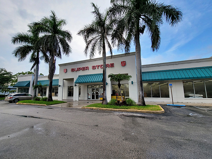Palm trees standing guard outside this unassuming treasure vault prove that even thrift stores dress up for Florida living.