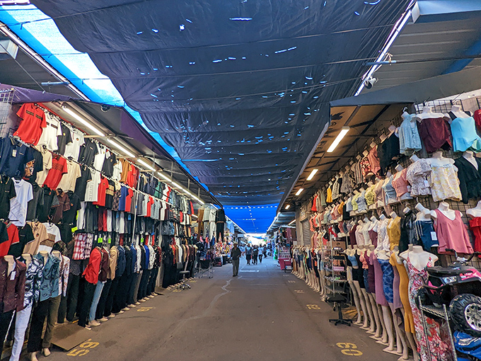 Vendors transform ordinary spaces into retail wonderlands, where steering wheels and luggage compete for your attention and wallet.