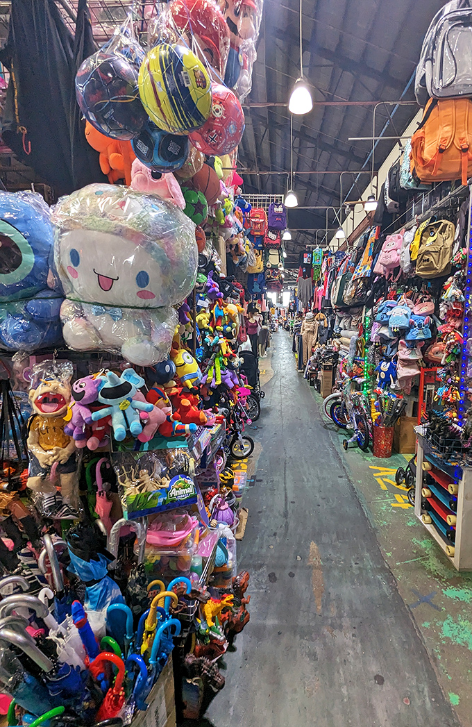 Inside this labyrinth of treasures, every aisle promises discovery. Backpacks dangle like colorful fruit while everyday necessities await at prices that won't break the bank.
