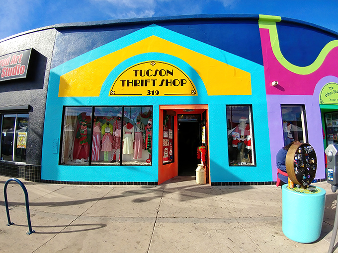 The turquoise facade of Tucson Thrift Shop pops against the desert sky like a Wes Anderson set come to life.