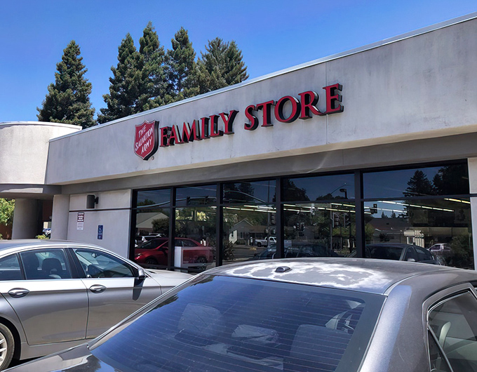 The iconic red shield welcomes bargain hunters to this Santa Rosa treasure trove, where California thrift dreams come true under brilliant blue skies.