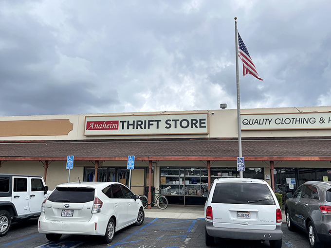 The unassuming exterior of Anaheim Thrift Store promises little but delivers a treasure trove of bargains behind those modest doors.