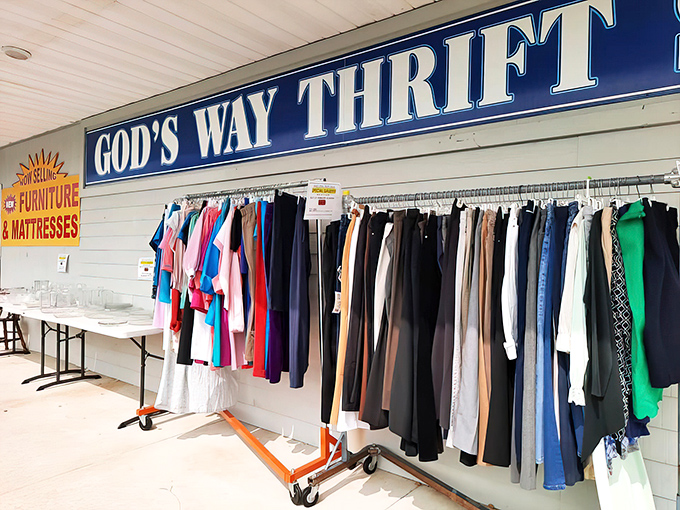 The iconic blue and white sign welcomes bargain hunters to God's Way Thrift Store, where one person's castoffs become another's treasures.