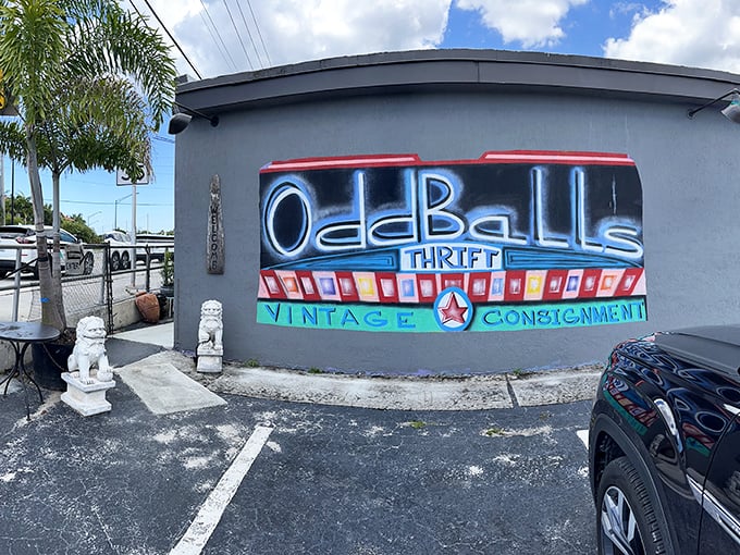 The neon-bright sign of Oddballs Nifty Thrift beckons treasure hunters with its retro charm and promise of vintage wonders within.