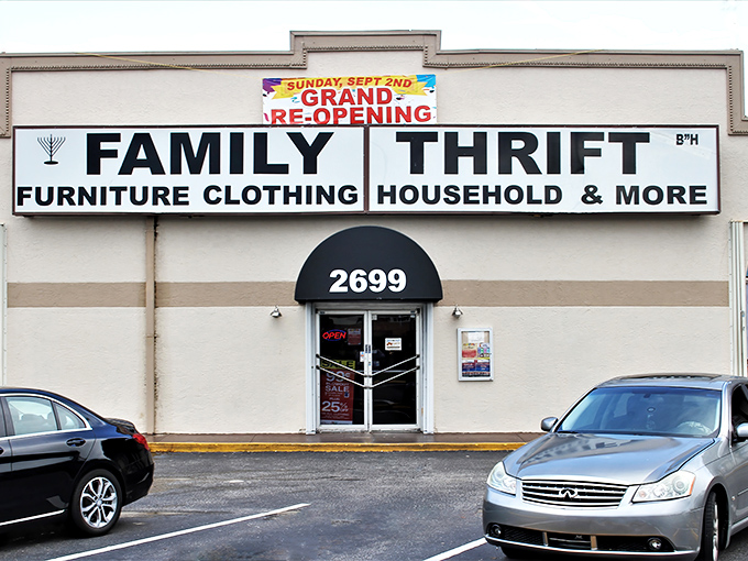 The unassuming facade of Family Thrift Store beckons with promises of treasures waiting inside, like a humble book with an epic story hidden between its covers.