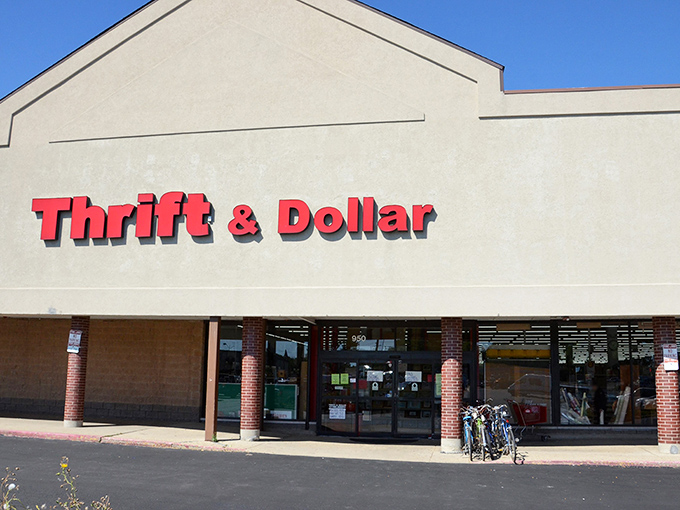The unassuming exterior of Thrift & Dollar Inc belies the wonderland within. Like a treasure chest disguised as a strip mall tenant, it beckons bargain hunters and collectors alike.
