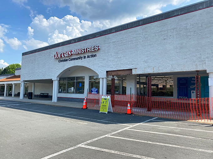 The unassuming exterior of Dorcas Thrift Shop in Cary hides a treasure trove within, like finding a Michelin-starred restaurant in a strip mall.