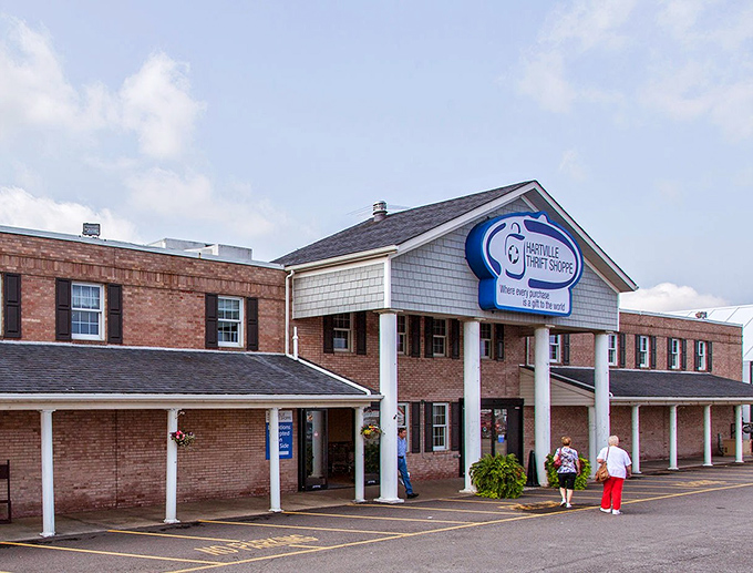 The stately brick exterior of Hartville Thrift Shoppe gives no hint of the treasure trove waiting inside&mdash;it's like Fort Knox for bargain hunters.