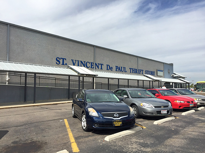 The unassuming exterior of St. Vincent de Paul Thrift Store in Dayton &ndash; where treasure hunting begins and wallets breathe sighs of relief.