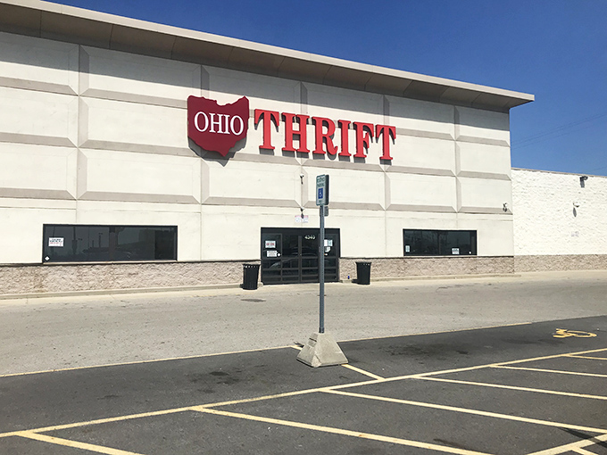 The white facade of Ohio Thrift stands like a blank canvas, promising treasures within that will soon color your home and wardrobe with unexpected character.