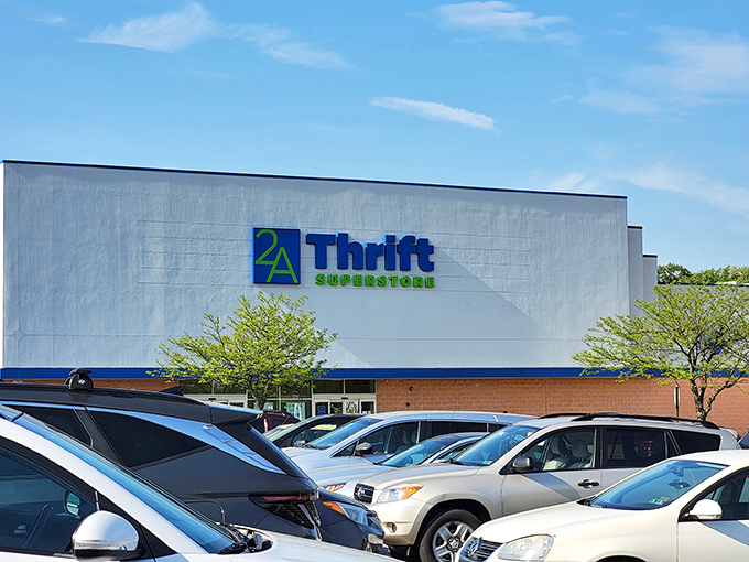 The iconic blue and green signage of 2nd Ave Thrift Superstore stands out against the clear Pennsylvania sky, beckoning treasure hunters from miles around. 