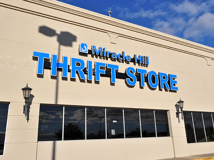 The blue lettering beckons like a siren song to bargain hunters. This isn't just a thrift store—it's a treasure-hunting expedition waiting to happen.