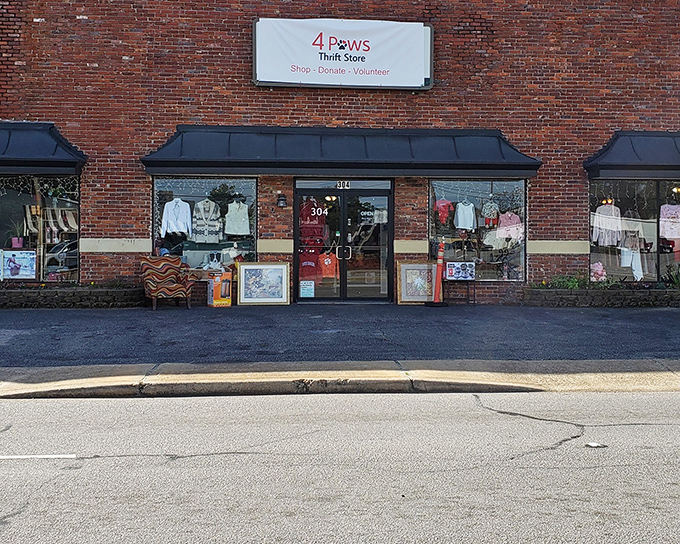 The unassuming brick exterior of 4 Paws Thrift Store, where colorful clothing displays hint at the treasure trove waiting inside. Like a thrifting tardis, it's bigger on the inside! 