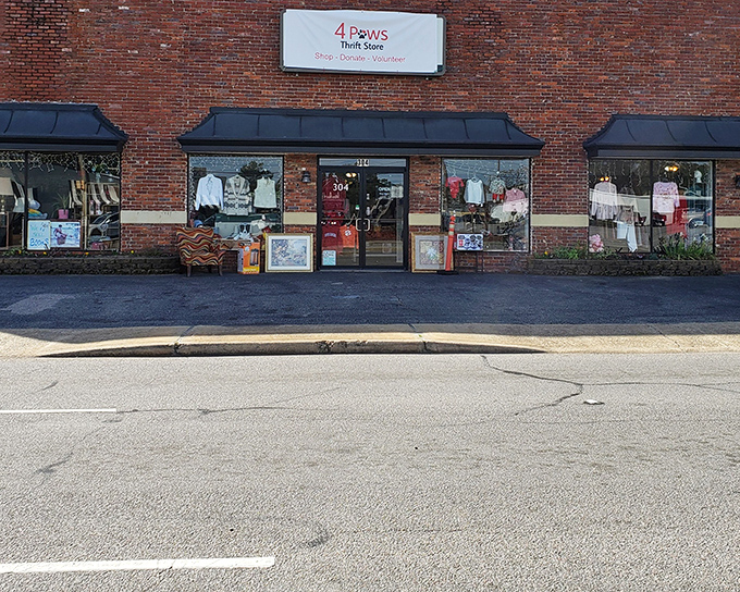 Classic brick storefront charm meets serious thrift hunting &ndash; those window displays are just the appetizer.