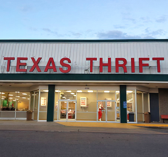 The bold red letters of Texas Thrift beckon like a siren song to bargain hunters. This unassuming exterior hides a universe of possibilities within.