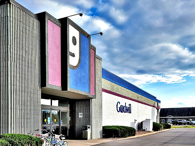 The iconic Goodwill "G" logo welcomes bargain hunters to this Eau Claire treasure trove, where Wisconsin thrift enthusiasts begin their quest for hidden gems.