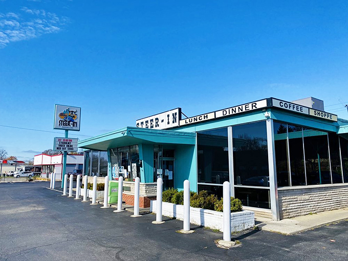 The turquoise beacon of comfort food on East 10th Street stands like a time capsule from a simpler era of dining.
