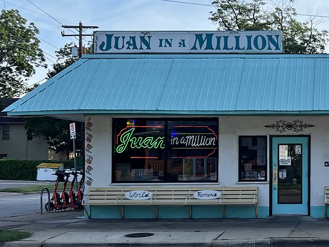 The turquoise exterior of Juan in a Million stands as an Austin landmark, promising breakfast taco nirvana behind its unassuming façade.