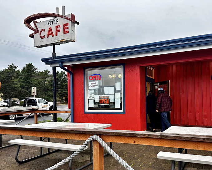 The iconic red exterior of Otis Cafe stands like a beacon of hope for hungry travelers on Highway 18. Small building, enormous reputation.