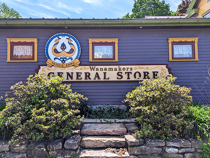 The purple facade of Wanamaker's isn't just eye-catching&mdash;it's a promise that what awaits inside isn't your average country store experience.