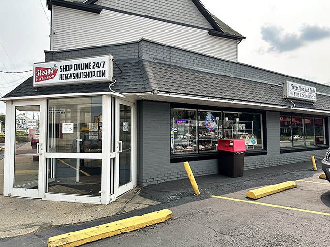 The unassuming exterior of Heggy's Nut Shop belies the treasures within. Like finding a secret chocolate factory, but without the eccentric owner or singing Oompa Loompas.