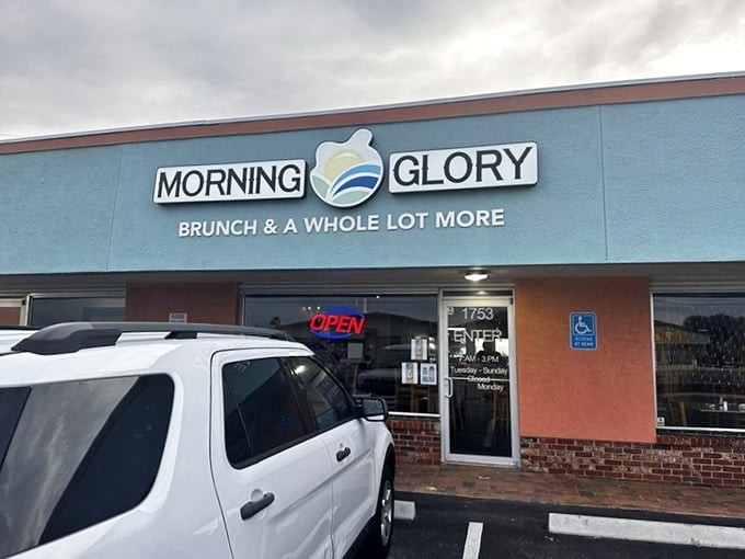 The unassuming turquoise exterior of Morning Glory Eatery belies the breakfast paradise waiting inside. Florida's hidden gem sits quietly in plain sight.