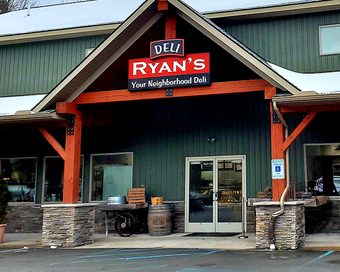 Ryan's Deli welcomes hungry travelers with its rustic wooden beams and stone accents&mdash;proof that architectural modesty often hides culinary magnificence.