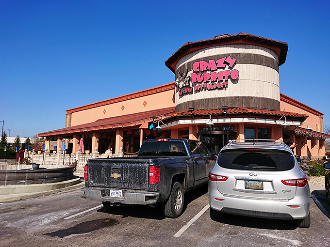 The distinctive cylindrical entrance of Crazy Burrito stands like a terra-cotta beacon in Hilliard, promising Mexican delights that'll make your taste buds do the happy dance.