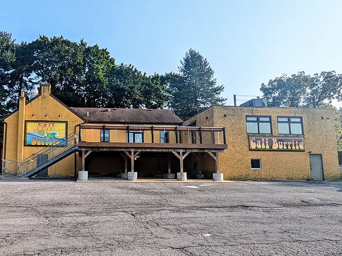Sunshine in building form! Cali Burrito's vibrant yellow exterior stands out like a California postcard dropped into Pennsylvania's landscape.